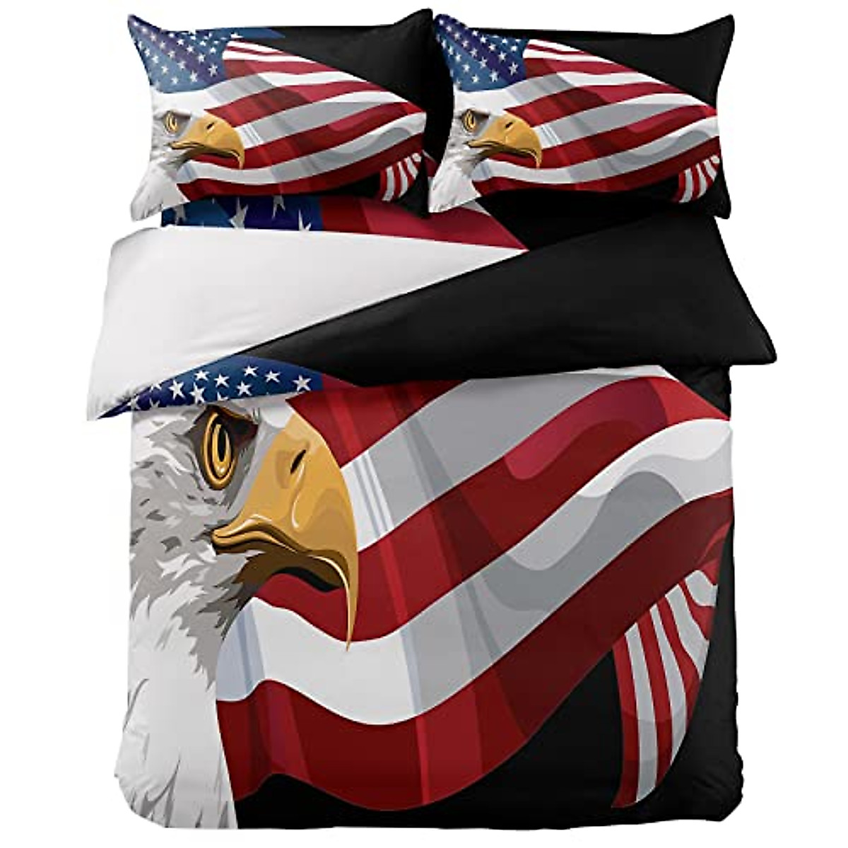 4 Piece Bedding Duvet Cover Set USA Flag Eagle Black Back,Soft Bedspread Pillow Shams Microfiber Quilt Cover Independence Day Star and Stripe,Washable Bed Sheet Comforter Set for Bedroom King