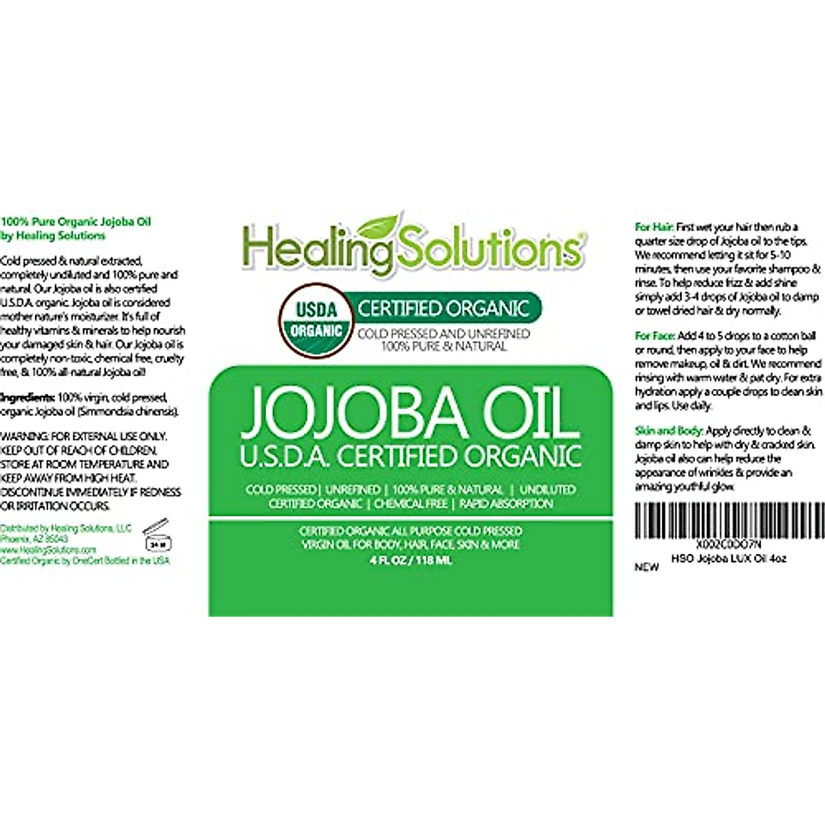 Healing Solutions Organic Jojoba Oil 4oz Cold-Pressed Unrefined for Skin, Hair, Face & Cuticle Moisturizer, Acne Fighter, 118 ml - Cuticle Oil
