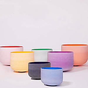 440 HZ Set of 7 Pieces of Color Frosted Quartz Crystal Singing Bowls 6"-12" + mallets & O-rings