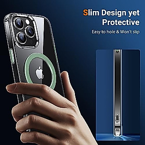 CATiabax for iPhone 14 Pro Case with Magnetic Invisible Stand [Military Drop Protection] [Compatible with MagSafe] Shockproof Transparent Phone Cases for Men Women 6.1 Inch, Clear+Green