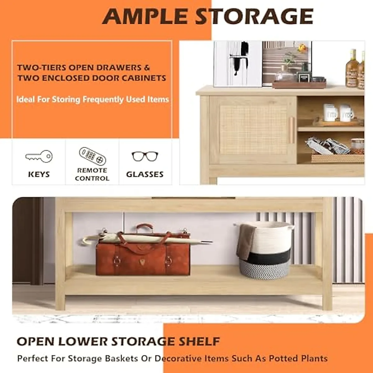 LAZZO Rattan Console Table 47" Narrow Entryway Table Sofa Table Behind Couch Table Coffee Bar with 2 Door Cabinets, 2 Drawers and Open Storage Shelf for Living Room, Foyer and Hallway Natural Wood