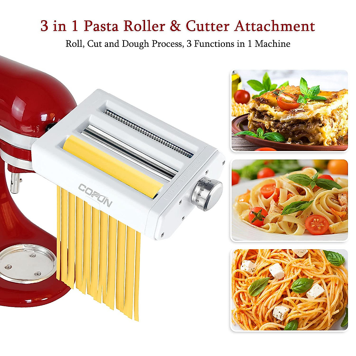 Pasta Maker Attachment for Kitchenaid Stand Mixer, Cofun 3 in 1 Pasta Machine Asseccories, Included Pasta Roller, Spaghetti Cutter, Fettuccine Cutter, Multifunctional Pasta Attachment for Kitchenaid