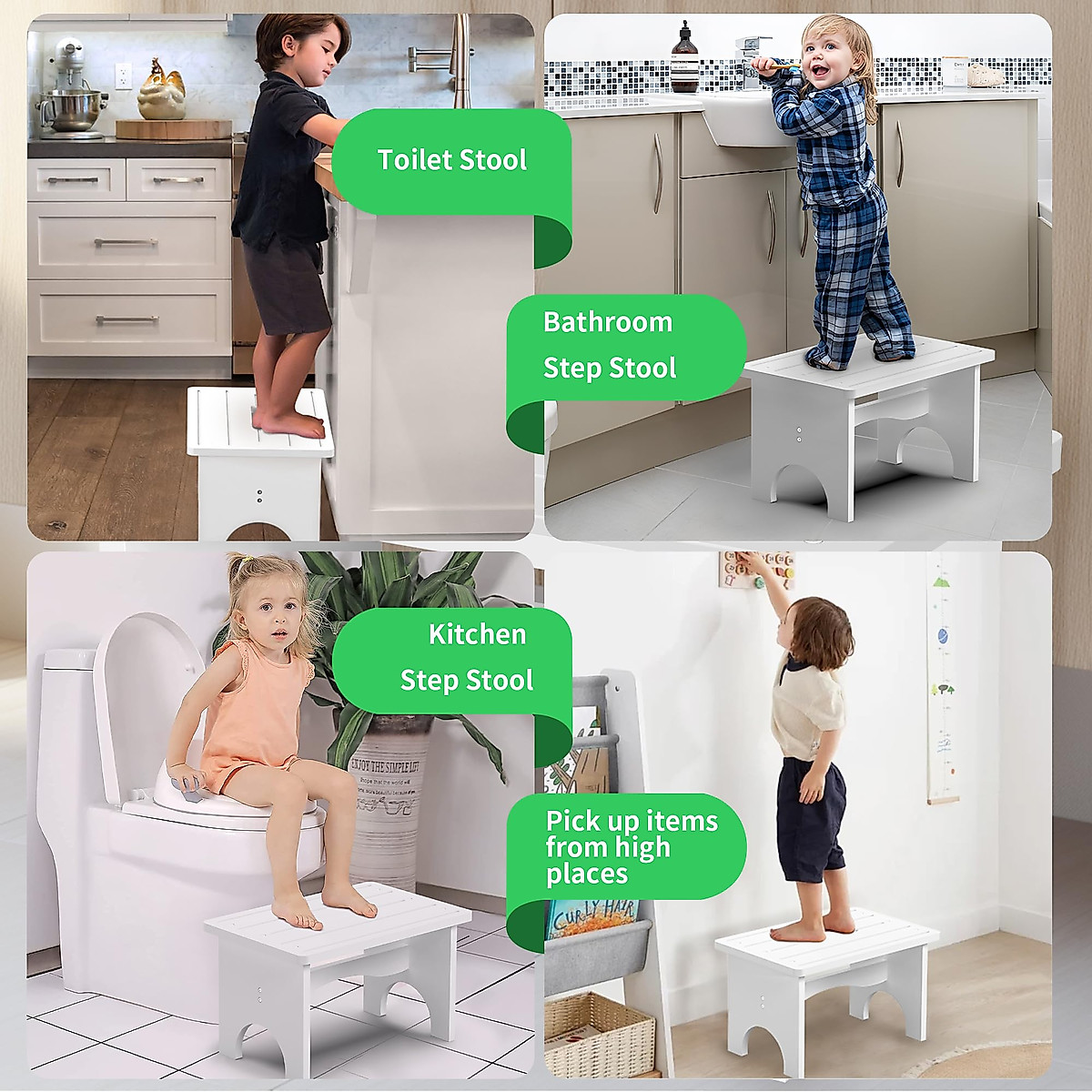 Wooden Step Stool for Adults, 9" Portable Wood Step Stool for Kids, Heavy Duty Bedside One Step Stool with 550 Lbs Load Capacity, Non-Slip White Foot Step Stool for Kitchen Bathroom Bedroom