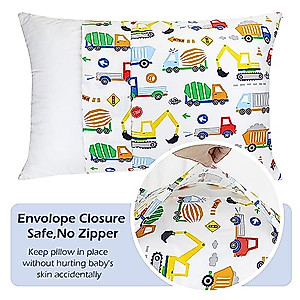 Baby Toddler Pillow with Pillowcase - 13x18 Organic Cotton Truck Pillows for Sleeping, Kids Pillow, Travel Pillows for Sleeping Nap, Mini Pillow, Toddler Bed Cot Pillows for Boy Girl 3-5 Years Old