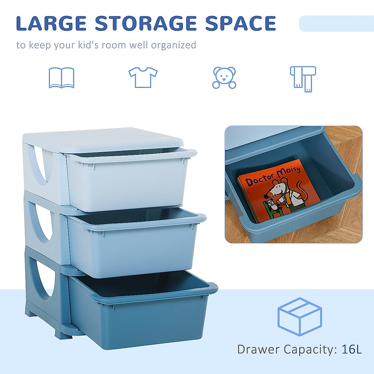 Qaba 3 Tier Kids Storage Unit, 3 Drawer Chest Toy Organizer Plastic Bins for Kids Bedroom Nursery Kindergarten Living Room for Boys Girls Toddlers, Blue