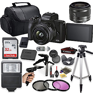 Canon EOS M50 Mark II Mirrorless Digital Camera (Black) with 15-45mm STM Lens + Deluxe Accessory Bundle Including Sandisk 32GB Card, Flash, Grip Multi Angle Tripod, 50" Tripod, Filters and More..