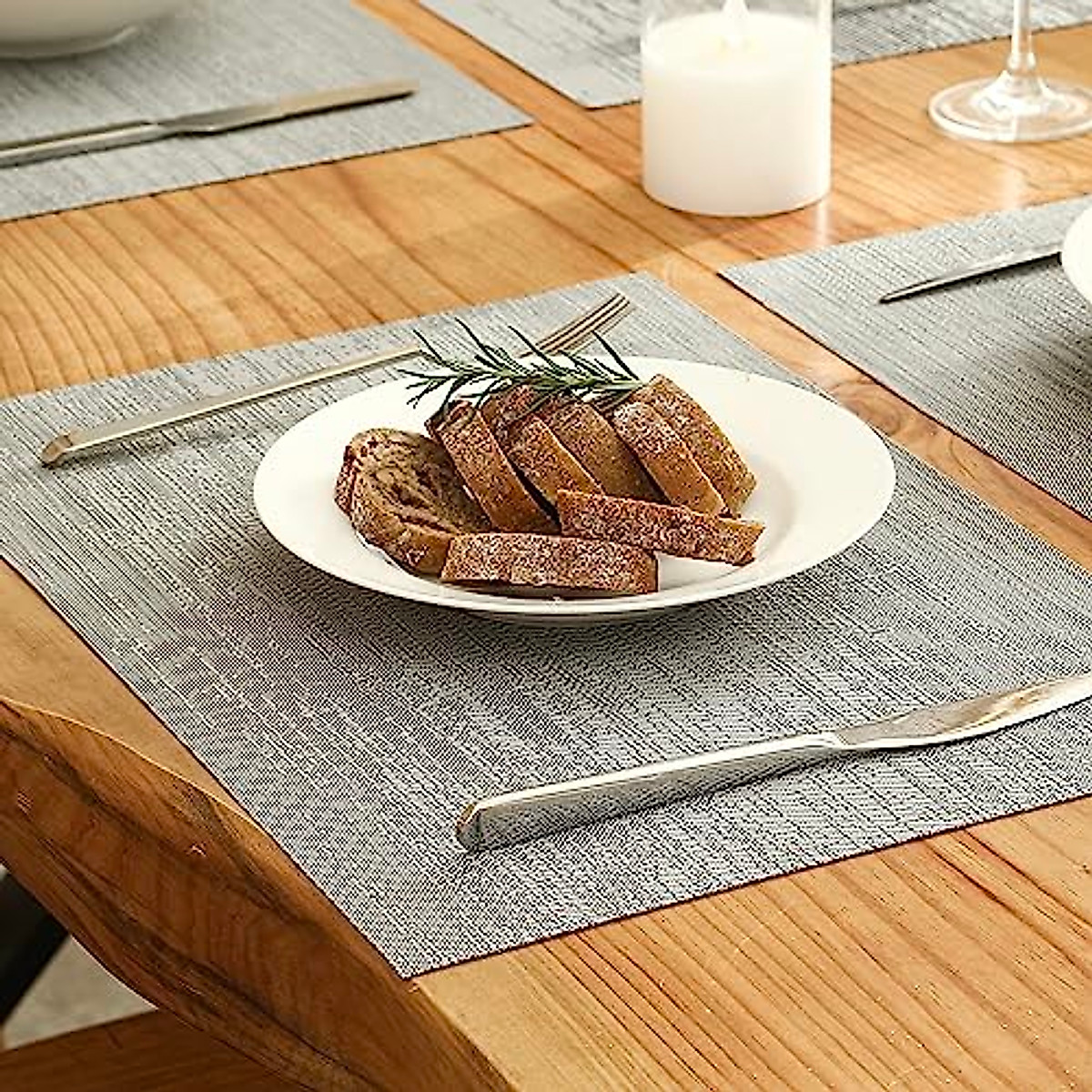 Leetaltree Grey Placemats, Heat Resistant Non-Slip Place mats for Dining Table, Washable Durable PVC Vinyl Woven Table Mats (Set of 6)