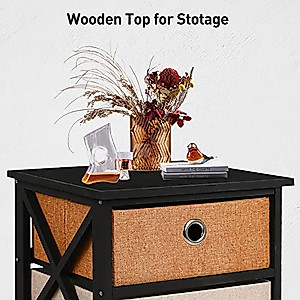 Nightstands Set of 2, with 4 Drawers, Wood Nightstand, Contrasting Colors Fabric Drawers, Easy Assembly Bedside Tables for Bedroom, College Dorm, Sturdy Black Wood Frame, Wood Top, Easy Pull Handle.