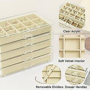 KAMIER Acrylic Jewelry Organizer,5 Layers Clear Acrylic Jewelry Box for Women,20 Pcs Portable Clear Jewelry Bag Set,Velvet Earring Display Holder for Earrings Ring Bracelet Necklace,Beige