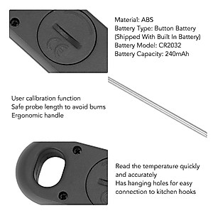 Instant Read Meat Thermometer, Long Probe Cooking Thermometer Calibration Function Accurate with Hanging Hole for Kitchen (Black)