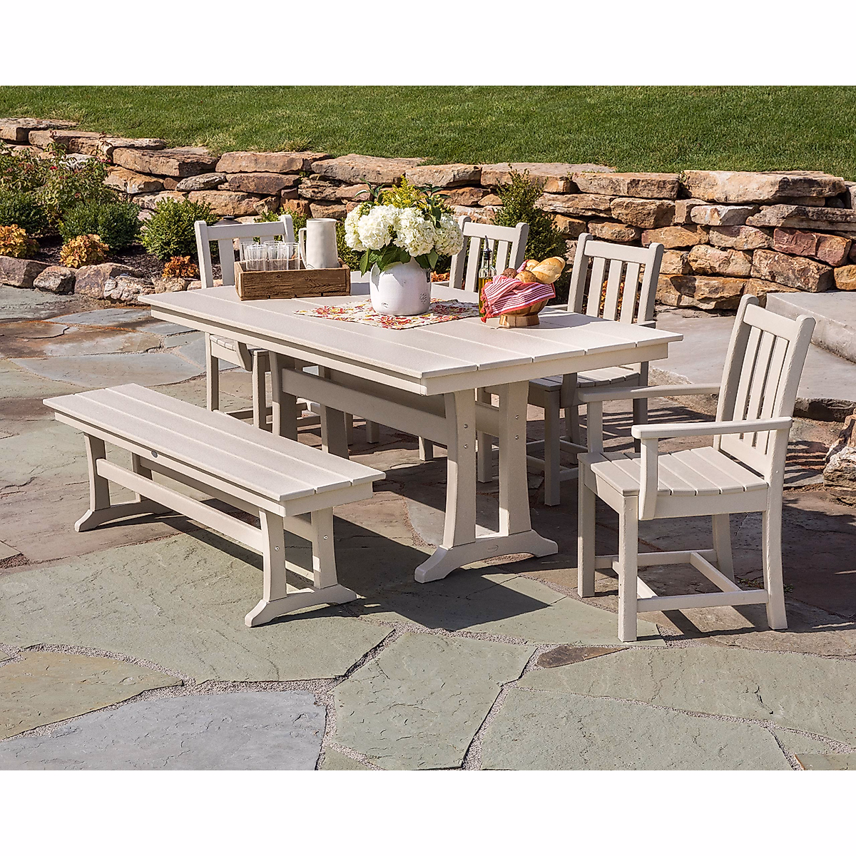 Polywood Traditional Garden 6-Piece Farmhouse Dining Set with Bench (Slate Grey)