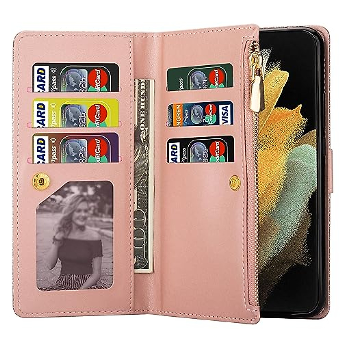 lefeda Wallet Case for Samsung Galaxy Z Fold 5, Sparkle Glitter PU Leather Phone Cover with Zipper Purse Card Slot and Wrist Strap Case for Women Girls,Gold