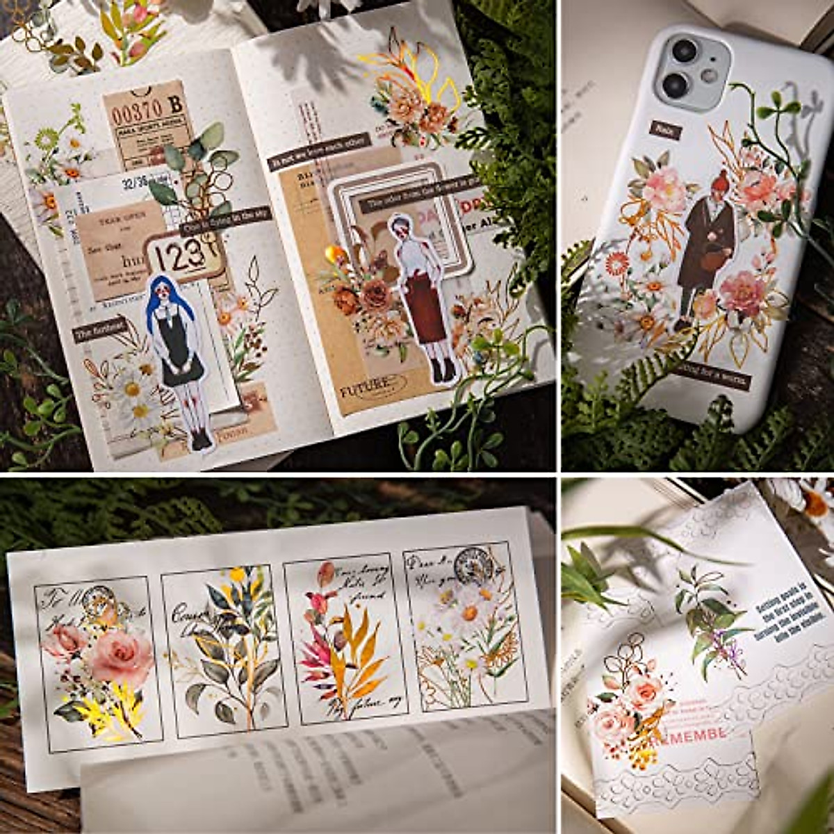 LakoArt 240 Pieces Gold Foil Botanical Stickers with Clear Background, Holographic Flower Eucalyptus Scrapbooking Sticker Floral Decals for Journaling Bullet Journal Planner Card Making DIY Crafts