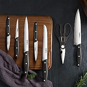 Knife Block Set, Karcu 13-Piece Kitchen Knife Block Set, High-Carbon Stainless Steel Blades with Pine Wood Knife Block