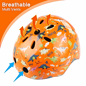 Besmall Cute Kids Bike Helmet Ages 3-7 Boys Girls Adjustable Safety & Comfort Toddler Helmets for Bike Cycle Skating Orange Dinosaur World