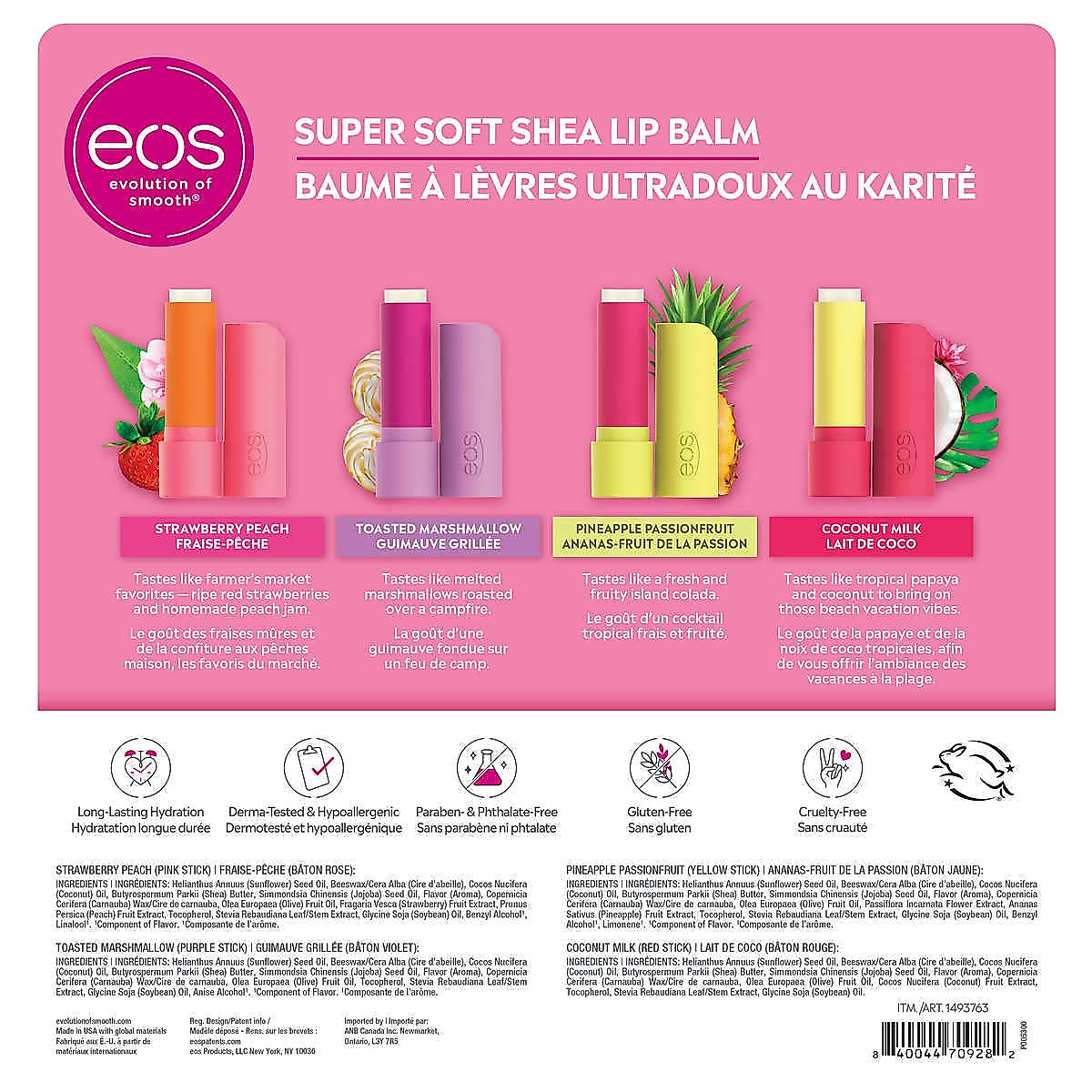 EOS Super Soft Shea Lip Balm, 8 pack, 2 Strawberry Peach, 2 Toasted Marshmallow, 2 Pineapple Passionfruit, 2 Coconut Milk