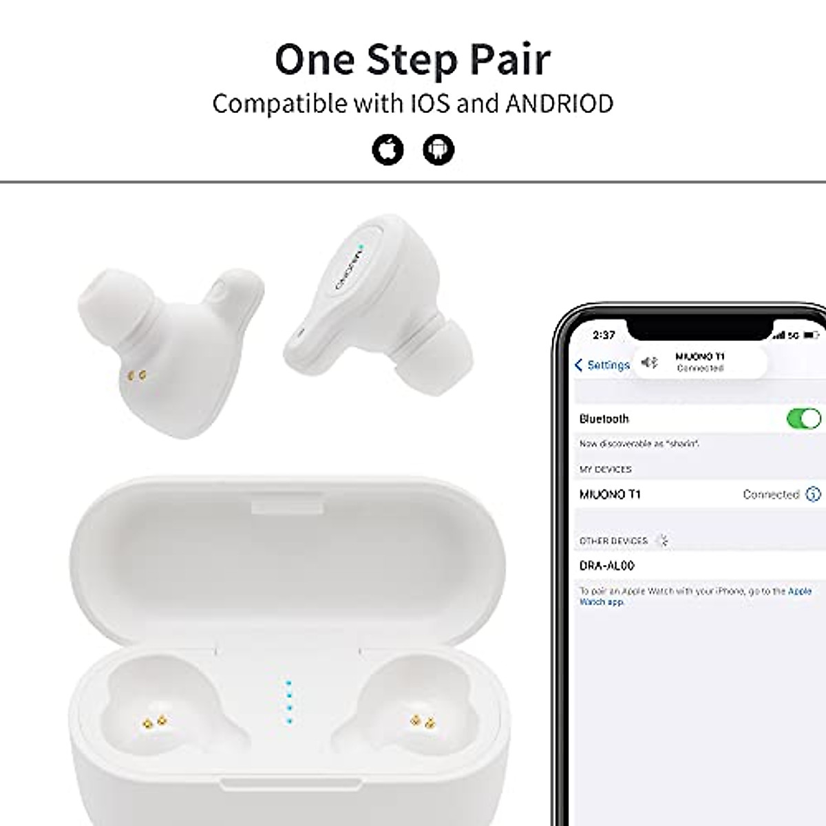 MIUONO Wireless Ear Buds, T1 Bluetooth Earbuds with Microphone, Type-C Charging Case Stereo Enhanced Deep Bass TWS Earphones for Sport