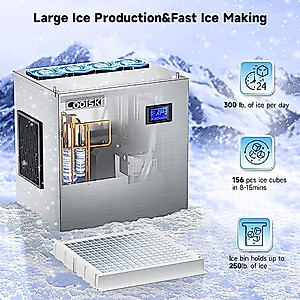 Coolski Commercial Ice Maker Machine 300LBS/24H, 22'' Air Cooled Commercial Ice Machine with Ice Bin, Modular Ice Machine for Restaurants Clear Ice Cubes/Stainless Steel Construction/ETL Approved