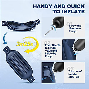 Dreizack Boat Fenders 4 Pack 6.5"x23", Boat Bumpers for Docking with 4 Ropes, Inflatable Ribbed Marine Pontoon Boat Fender Bumper for Docks with 1 Storage Bag, 1 Air Pump and 4 Needles, Blue