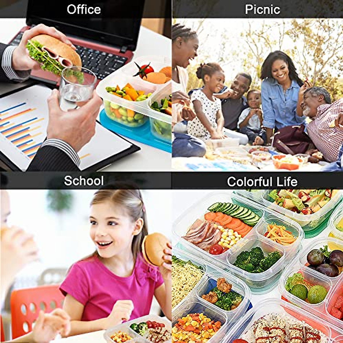 Vonhen 7 Pack Bento Lunch Boxes Reusable 3 Compartment Meal Prep Containers - Leakproof Lunch Container with Lids for Work, and Travel