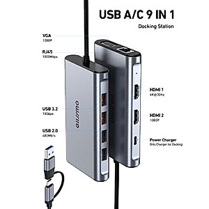 USB Docking Station Dual Monitor, GIISSMO 9-in-1 USB A 3.0 / USB C Docking Station Triple Monitor with 2 HDMI,VGA, 10Gbps USB 3.1, Gigabit Ethernet, Triple Display for Mac & MacBook & Windows Laptop
