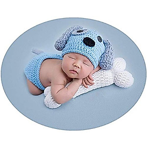 Newborn Baby Boy Girl Photo Props Outfits Crochet Knitted Dog Hat Shorts with Bone Set for Boys Girls Photography Shoot (Blue & White ，1-12 Months)