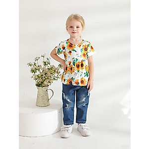 Derouetkia Girls Clothes Outfits Toddler Infant Baby Girl Short Sleeve Floral Ruffle Tops Ripped Jeans Pants Sets (2-3T) Yellow