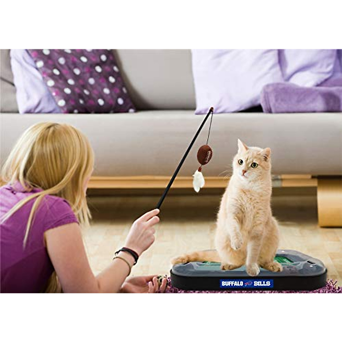 Pets First NFL Buffalo Bills Football Field CAT Scratcher Toy with Catnip Filled Plush Football Toy & Feather Cat Toy Hanging, with Jingle Bell Interactive Ball Cat Chasing 5-in-1 Kitty Toy