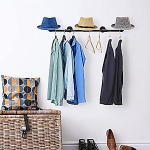 MyGift Wall Mounted Black Metal Industrial Pipe Clothing Rod Hat Rack and Wig Holder with Solid Burnt Wood Round Hat Forms, Heavy Duty Hanging Bar Entryway Organizer Coat Rack