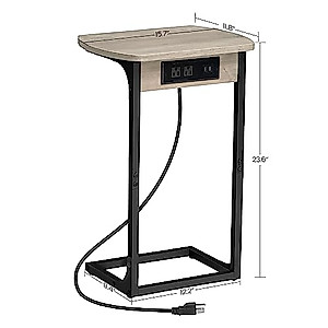 Hzuaneri C Shaped End Table with Charging Station, Bed Side Table with USB Port & Outlet, Couch Table, C Snack Table for Living Room, Bedroom, Greige and Black ET05105B