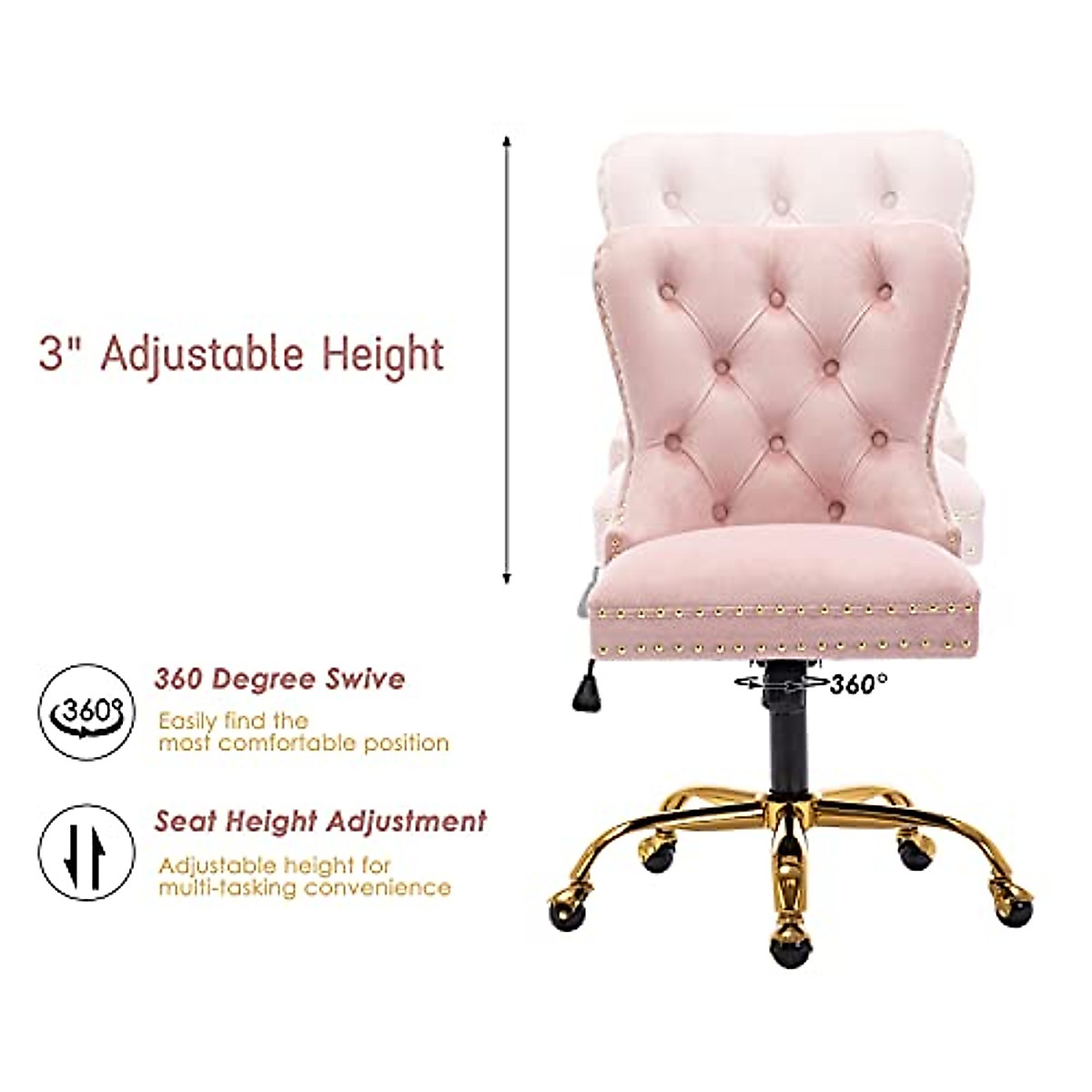ZHENGHAO Velvet Vanity Chair with Gold Swivel Base, Upholstered Tufted Accent Office Desk Chair, Adjustable Armless Task Chair for Women Living Room Bedroom Makeup, Blush Pink
