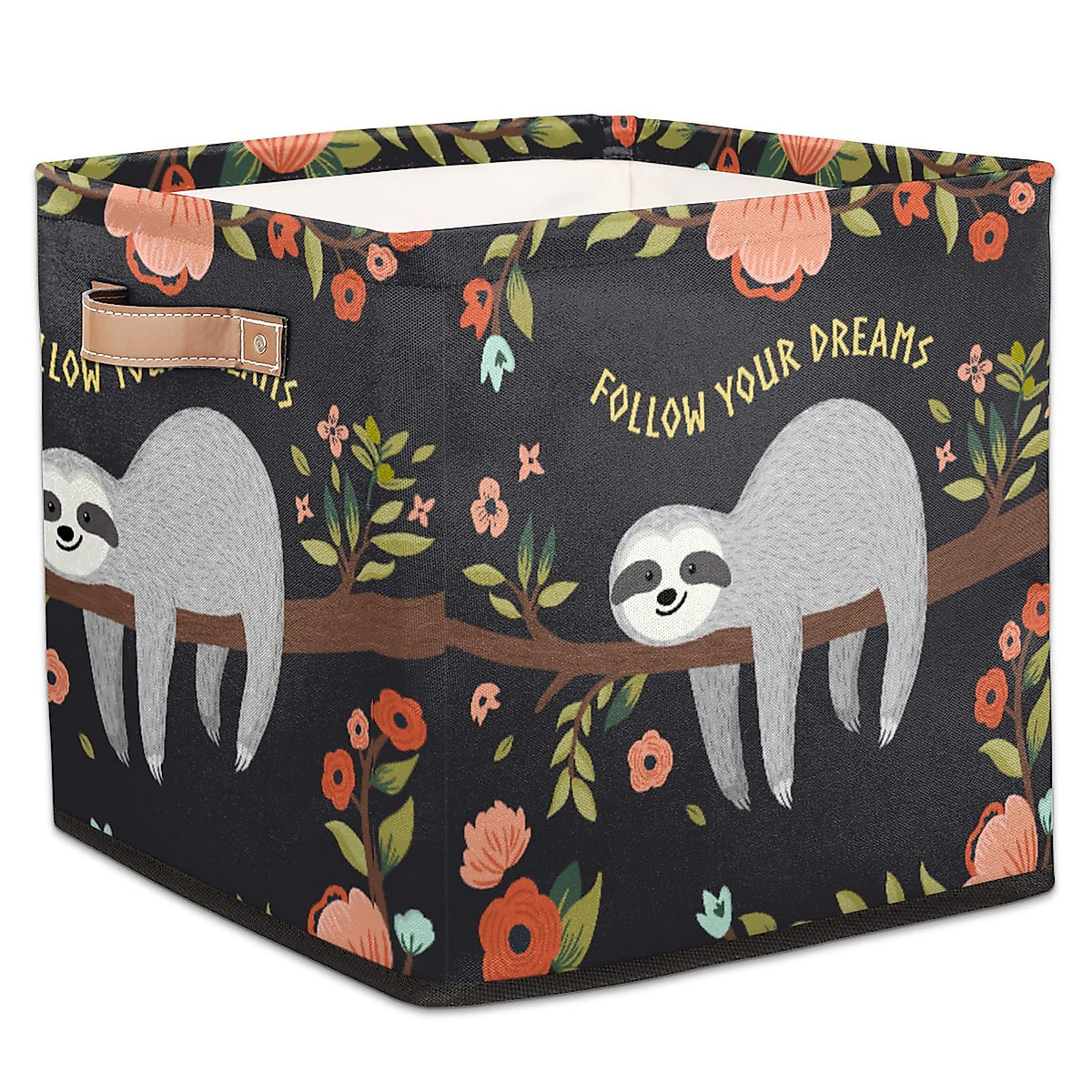 AUUXVA Follow Your Dream Quote Storage Basket for Closet, Cute Sloth Storage Bins with Handles, Foldable Storage Cube Boxes for Toys Shelves Pantry Nursery Organizing