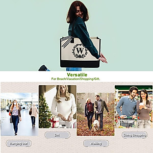 BeeGreen Monogram Canvas Tote Bags for Women with Makeup Bag Initial Tote Bag w Inner Zipper Pocket Personalized Gifts for Friends Birthday Mother Hostess Bridesmaid Letter W