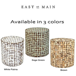 East at Main Round Side Table - 16”Dia x 16.5” h Living Room, Entryway, Small Spaces, Bedside Tables - Real Coconut Shell Mosaic Inlaid, Pre-Assembled, Natural and Sage Green Patina Finish