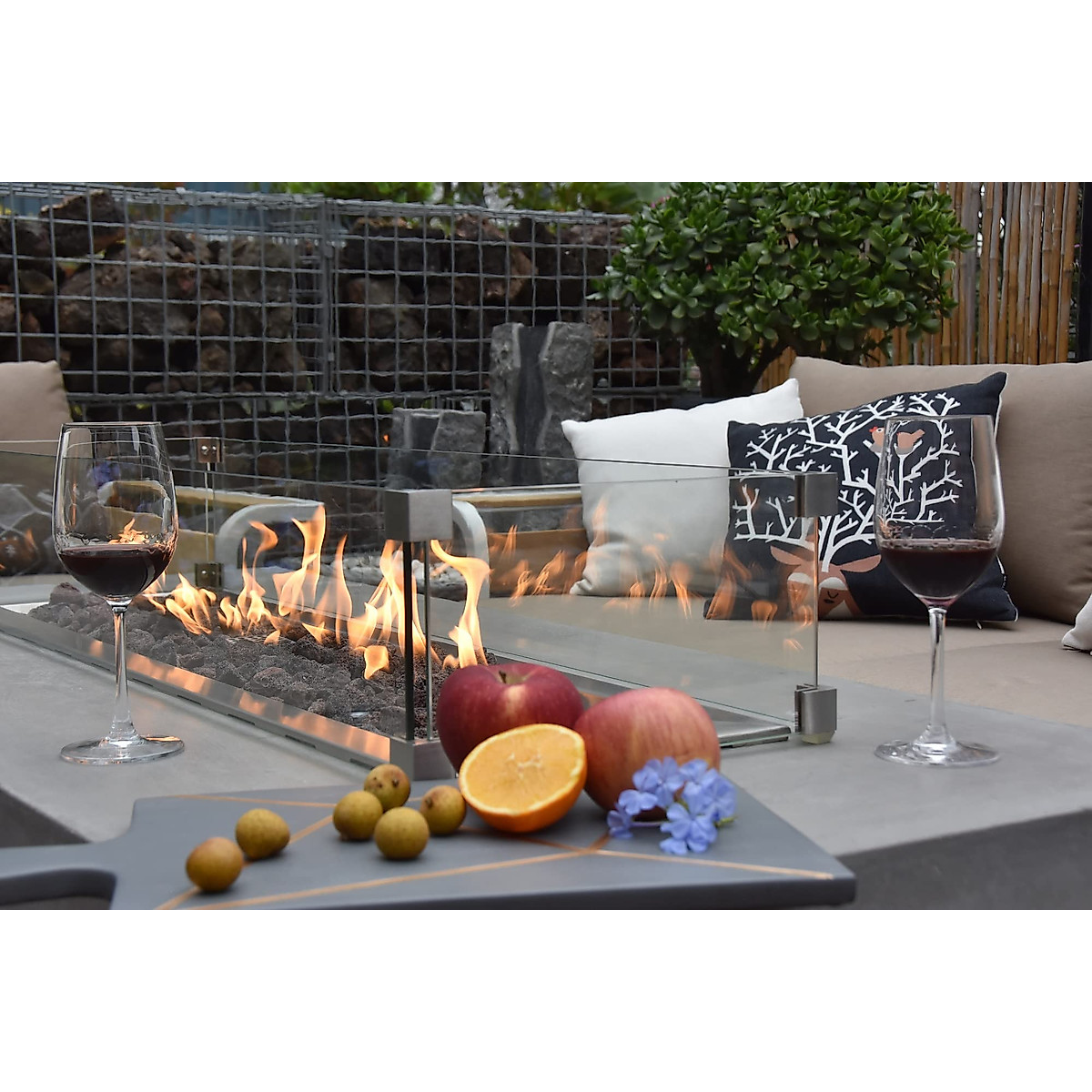 Elementi Granville Fire Pit Bundle Outdoor Firepit Set Includes 60” Natural Gas Concrete Firepit Table, Glass Windscreen, Stainless Steel Cover, Canvas Cover, Floor Mat, Ice Bucket