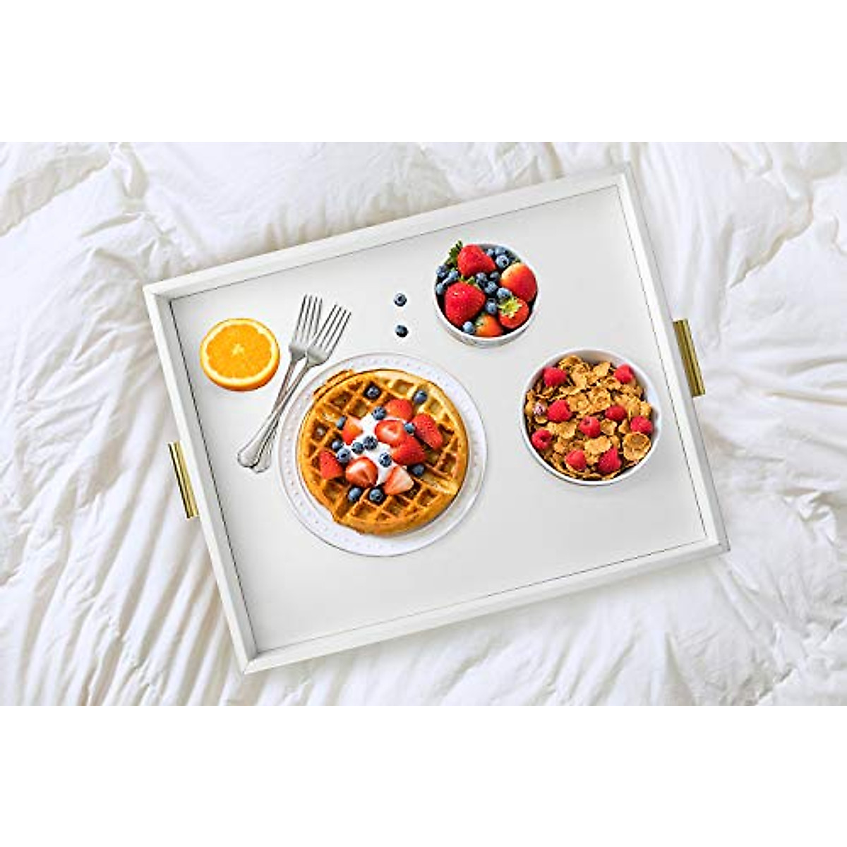 HofferRuffer Extra Large Serving Tray with Handles, Elegant Faux Leather Storage Decorative Tray for Coffee Table, Ottoman, Console Table (White Tray+Golden Handle)