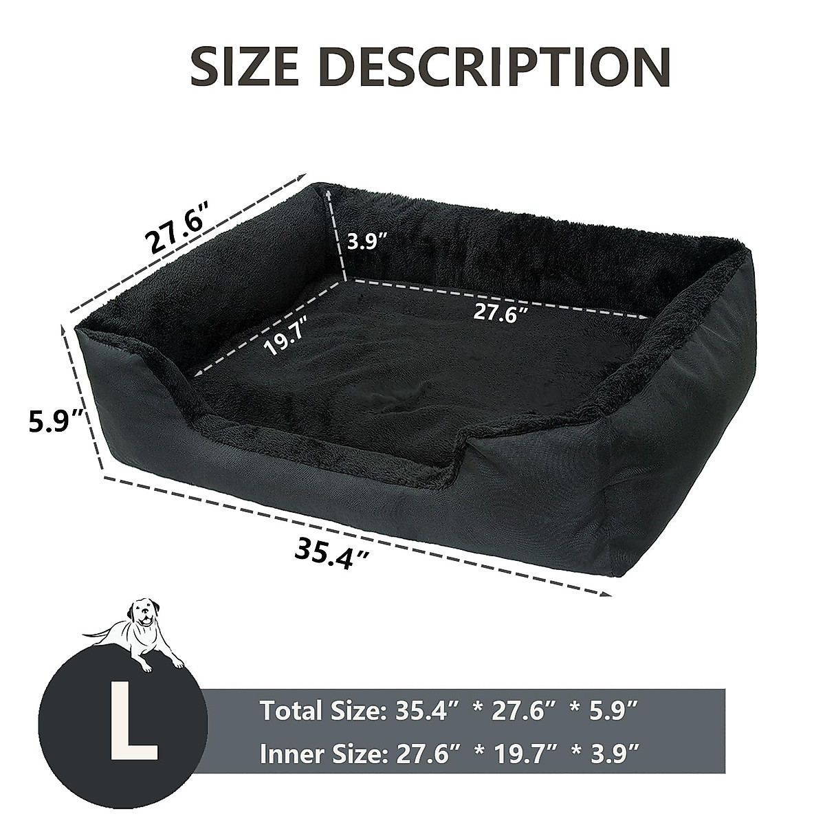 Dog Beds for Large Dogs,Rectangle Dog Beds for Medium Dogs,Machine Washable Dog Bed with Anti-Slip PVC Bottom,Waterproof Removable Pet Bed for Living Room,Bedroom,Crate,Black,Large
