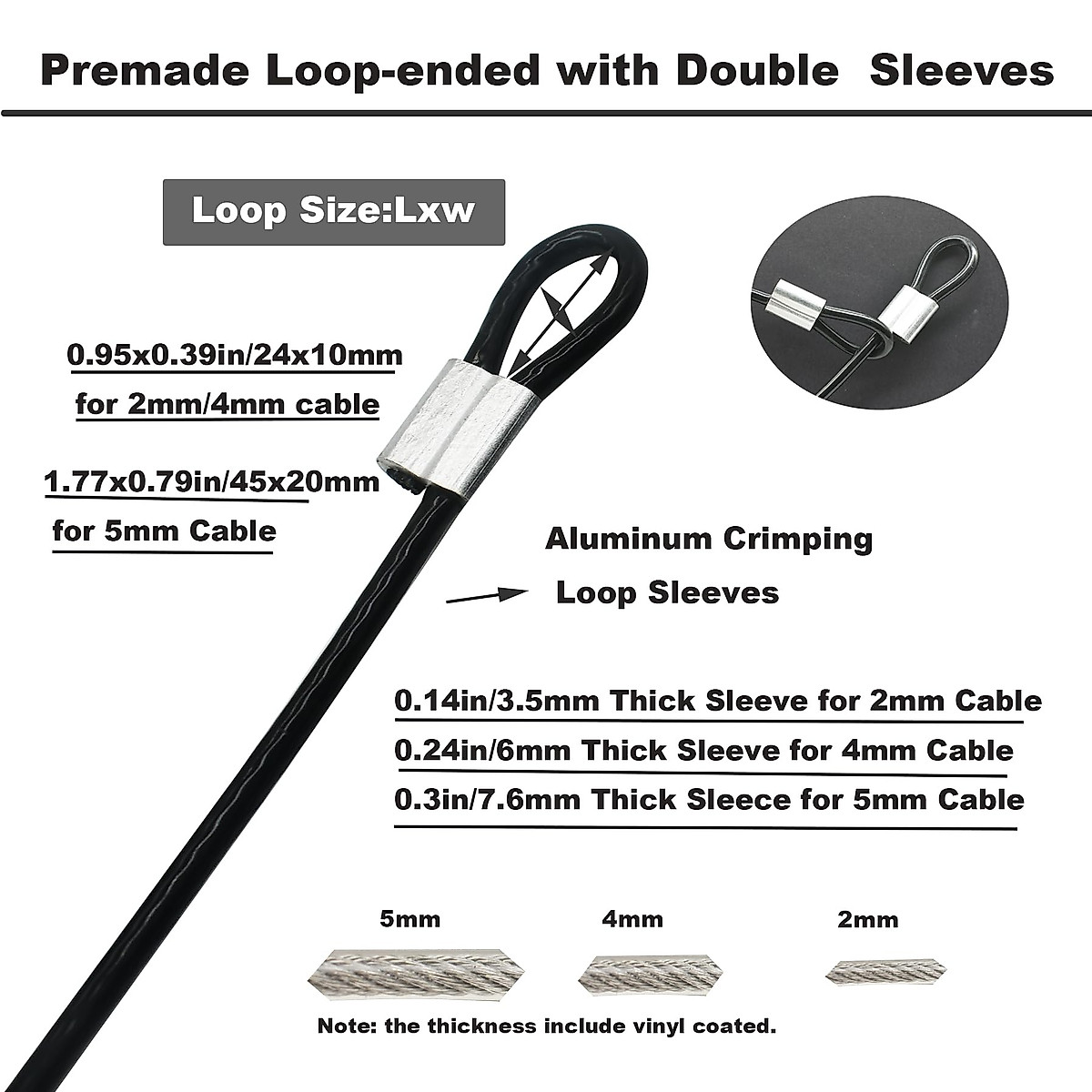 Floyutin 10 pcs 2mm Vinyl Coated Stainless Steel Cable with Loops Short Wire Rope Lanyard Lock Security Chain Link for Outdoor Gates,12 inch 30cm Black