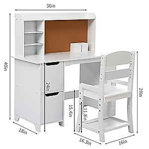 Wooden Sdudy Desk with Chair for Kids, Children School Study Table with Hutch and Chair, White Learning Table with Bookshelf, Bulletin Board and Cabinets, for 3-8 Years Old Boys and Girls