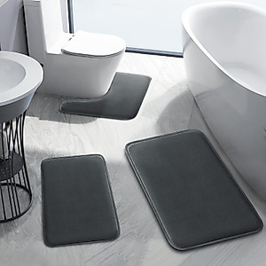 HUXMEYSON 3 Piece Memory Foam Bathroom Rugs Sets, Non-Slip & Quick Dry Bath Mat, Ultra Soft Velvet Bath Rugs for Bathroom, Toilet and Shower Floor, Dark Grey