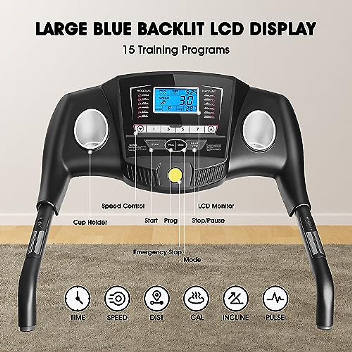 Treadmill with 3-Level Manual Incline for Home Use 17'' Wide Folding Electric Running Machine 2.5HP/8.5MPH with 15 Preset Programs Running Machine Large LCD Display