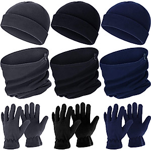 9 Pieces Mens Hat Neck Warmer and Gloves Set Thermal Fleece Beanies Scarves Gloves for Man Winter Warm Supplies(Multiple Color)