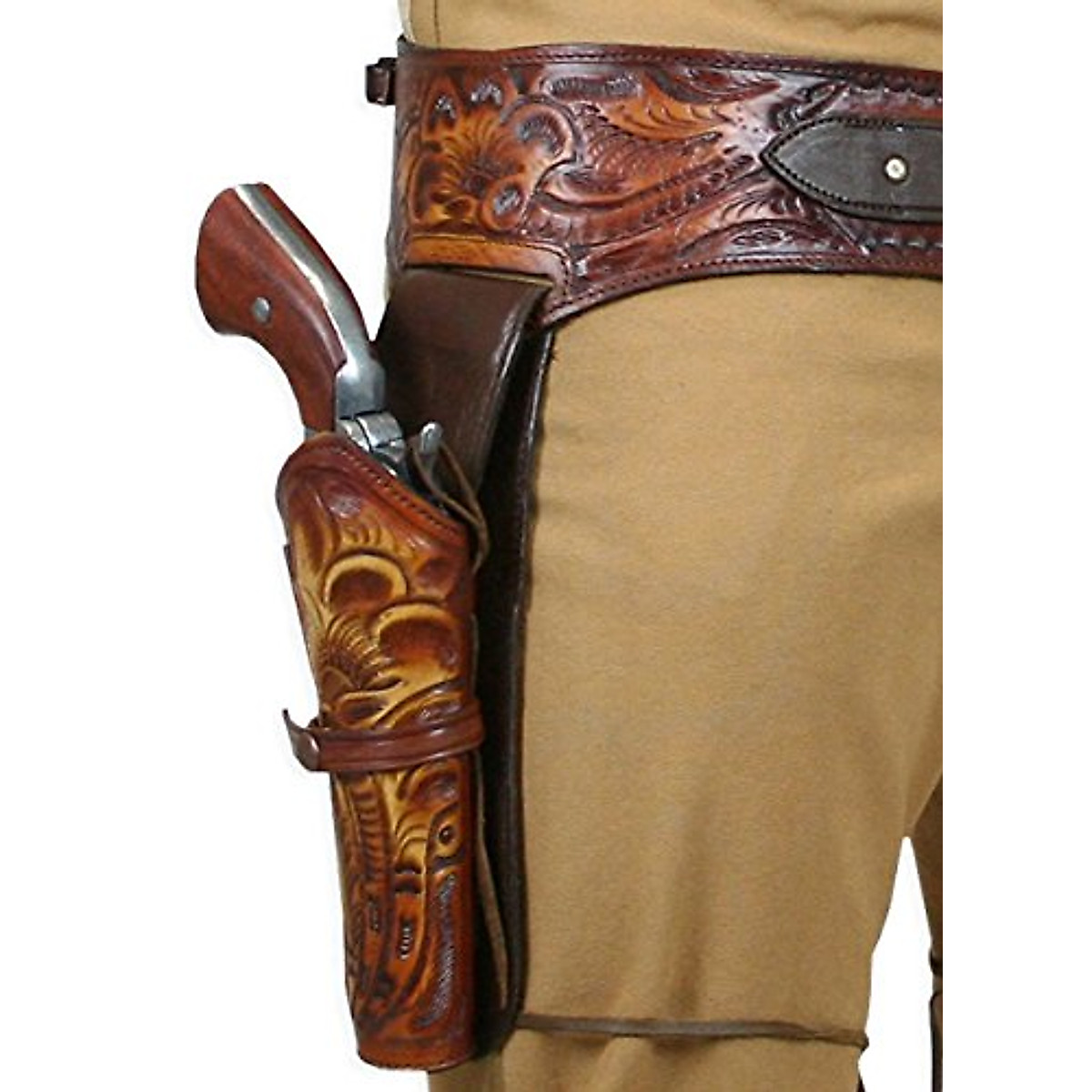 New 38/357 Cal Tooled Bicolor Holster Gun Belt Drop Loop Leather Western RIG SASS 34"-52 (46)