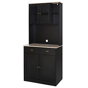 MUPATER 72'' Kitchen Pantry Cabinet Storage Hutch with Microwave Stand, Freestanding Pantry Buffet Cabinet with Adjustable Shelves, Cupboard and Drawer for Home, Black