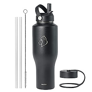 BUZIO 40oz Tumbler with Handle Straw Lid and Flex Lid, 40 oz Insulated Water Bottle Fits in Car Cup Holder, Double Wall Stainless Steel Travel Flask, Keeps Cold for 48 Hrs, Hot for 24 Hrs, Black