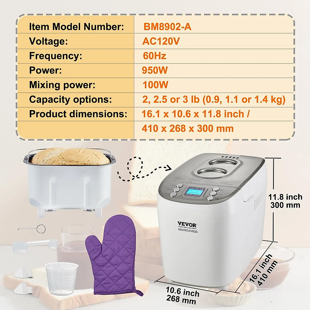 VEVOR Bread Maker, 15-in-1 3LB Dough Machine, Nonstick Ceramic Pan Automatic Breadmaker with Gluten Free Setting, Whole Wheat Bread Making, Digital, Programmable, 3 Loaf Sizes, 3 Crust Colors, White