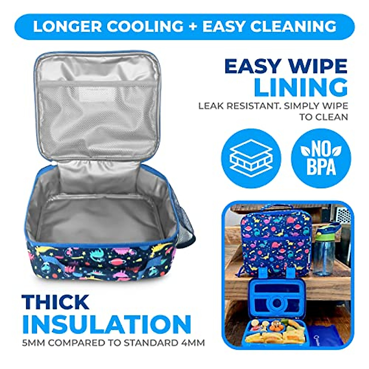 Lunch Box for Kids with Ice Pack, Boys Lunch-Box Insulated Bag for Toddlers Kids Baby Boy Daycare Pre-School Kindergarten, Large Snack Container Boxes for Kid Lunches, Bento Bag, Blue Space Dinosaur