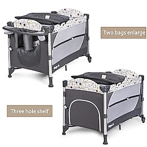 Heyo.Ja Double Layer Baby Portable Playard, 5 Height Adjustable Crib,Changing Table, Foldable Bassinet Bed with Luxury Mosquito Net,Toys Bag,Wheels & Brake, Game Entrance for Boys Girls(Grey)