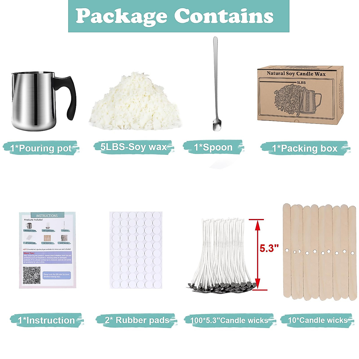 Soy Wax Candle Making Kit Supplies, Natural Candle Wax For Candle Making, DIY Art&Crafts Kit for Adults,Beginner,Kids, Including 5lbs Soy Wax Flakes, 100 Candle Wick, 10 Centering Devices, Melting Pot