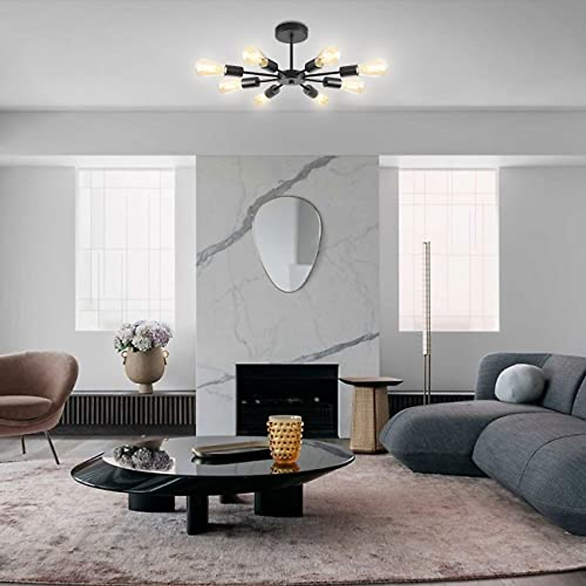 ANWIO Modern Flush Mount Ceiling Light Metal Art Industrial Ceiling Light 8 Lights Black Sputnik Painted Finish Chandelier for Kitchen Farmhouse Living Room Dining Room(8Head)